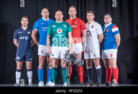 England s Owen Farrell left and Ireland s Jonathan Sexton pose for a photo with the Six Nations Trophy during the Guinness Six Nations launch at Tobacco Dock London Stock Photo Alamy