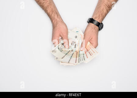 top view of man counting russian money near table Stock Photo - Alamy
