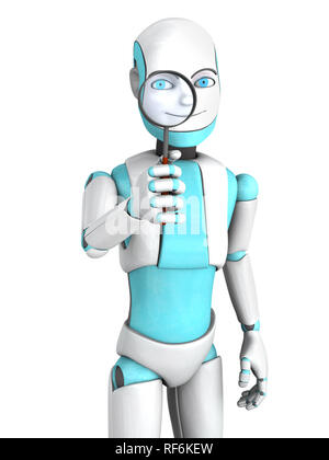 A cartoon robot boy smiling and holding a blank sign. White background ...