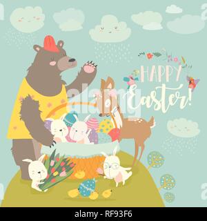 Cute bear,happy rabbits and little deer celebrating Easter Stock Vector ...