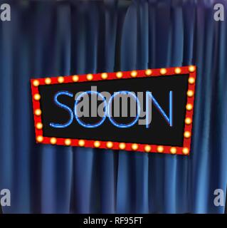 Now Showing announcement board with bulb frame on curtains background ...