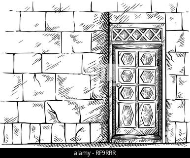 sketch hand drawn old rectangular wooden door in wall wooden frame ...