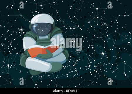 Cartoon Floating astronaut reading a book in space isolated on white ...