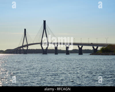 Replot (Raippaluoto) Bridge in Vaasa, Finland. Clear summer evening sky ...