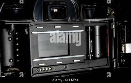 The back of the film camera with the cover opened. There is a film ...