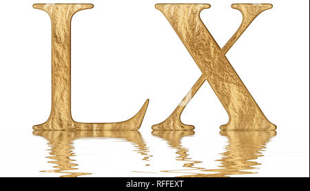 Roman numeral LX, sexaginta, 60, sixty, reflected on the water surface ...