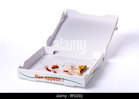 Empty pizza box with greasy red and white checkered paper. Lid open ...