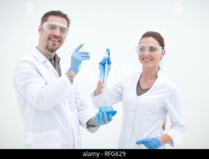 two cheerful scientists biologist on a light background.science and ...