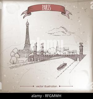 Vector hand drawing Illustration of Pont Saint Michel bridge (Paris ...