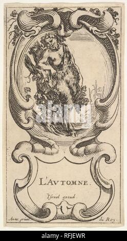Autumn, a satyr with his right arm on top of a tree trunk on which a ...
