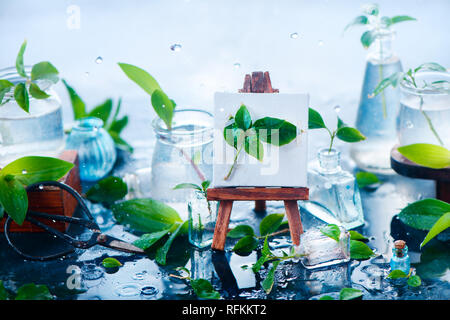 Artistic easel with a green leaf and glass jars with fresh plants ...
