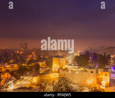 Distant, misty cityscape and a tall building framed by dark treas ...