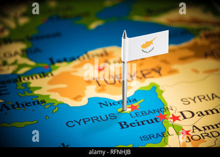Cyprus marked with a flag on the map Stock Photo - Alamy