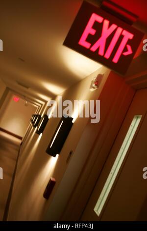 Hotel corridor, emergency exit sign, Miami, Florida, USA Stock Photo ...