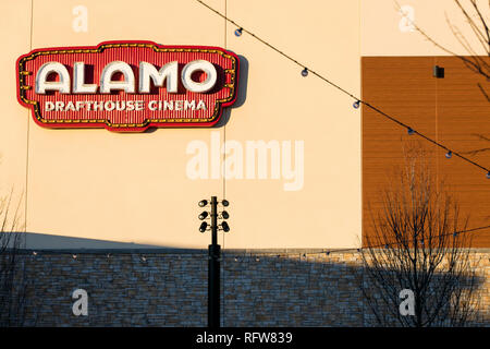 A logo sign outside of a The Alamo Drafthouse Cinema movie theater ...