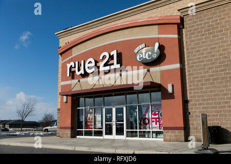 A logo sign outside of a rue21 retail store location in Chambersburg ...