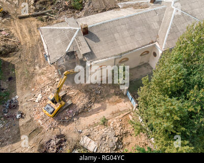 Top view of the destroyed building. Aerial view of the ruins. top view ...
