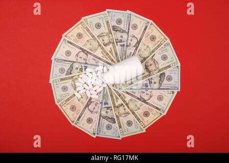 White pills on mandala kaleidoscope from money. Abstract money ...