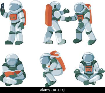 Vector set of cartoon spaceman, moving cosmonaut in spacesuit, helmet ...