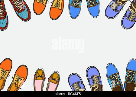 Background of many sports shoes lined up in a circle with free space ...