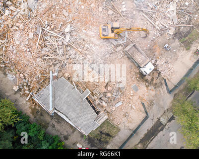 Top view of the destroyed building. Aerial view of the ruins. top view ...