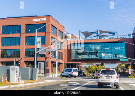 Brick facade of Amazon office building with logo, San Francisco ...