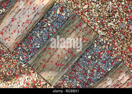 Pollen red fall spread on the area is gravel and floor stone blocks ...