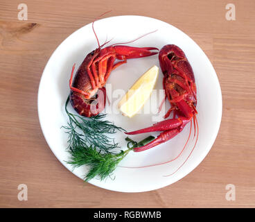 Two prepared crayfish color red with dill and lemon isolated on white ...