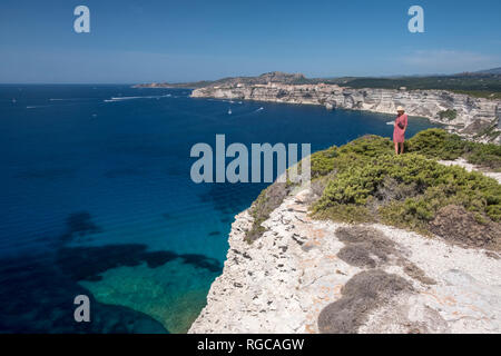 Woman standing on rocky cliff edge, overlooking forested canyon, under ...