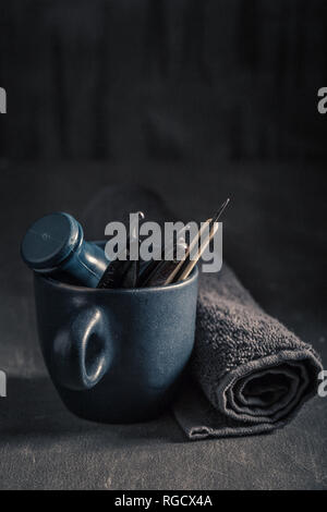 Classic shaving set with old razor, soap and brush Stock Photo - Alamy