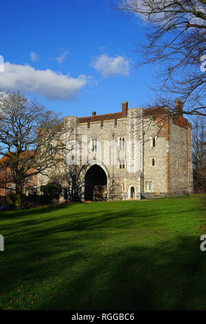 The medieval gateway of St Albans Abbey in the grounds of the cathedral ...