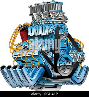 Hot rod race car engine cartoon, lots of chrome, huge intake, fat ...