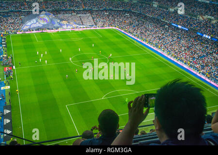 Santiago Bernabeu stadium during a football match, night view. Madrid ...