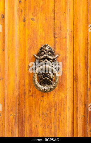 Ornate metal monster head door knocker on a door background Stock Photo ...