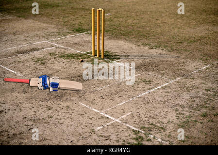 Cricket bat and gloves are on empty cricket pitch to play Stock Photo ...