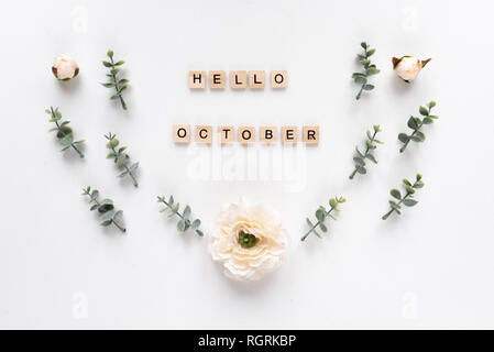 Hello October, words in wooden alphabet letters isolated on background ...