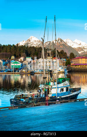 Troller docked at work platform on Japonski Island, Sitka, Alaska, USA ...