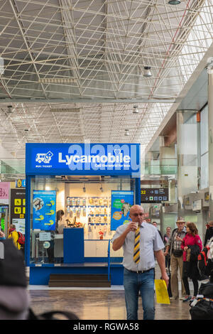 Lycamobile mobile phone kiosk in the arrivals area in Tenerife south ...