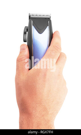 Hair clipper in hand isolated on white background. Modern hair clipper ...