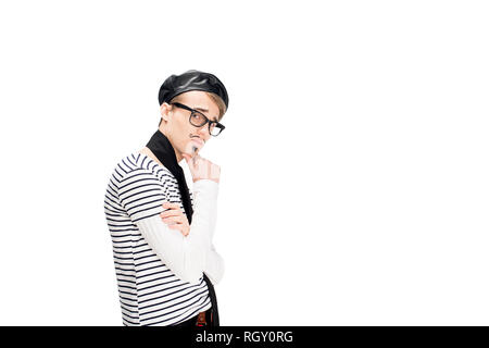 sad french man with mustache in glasses isolated on white Stock Photo ...