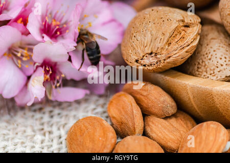 Almonds spilled on sack surface, almonds with shell on wooden bowl, and ...