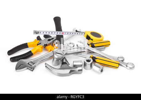 Different kinds of tools on white background Stock Photo - Alamy