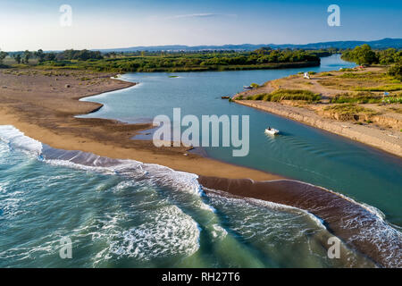 Aerial view of the delta of the river Alpheios in the Peloponnese, in ...