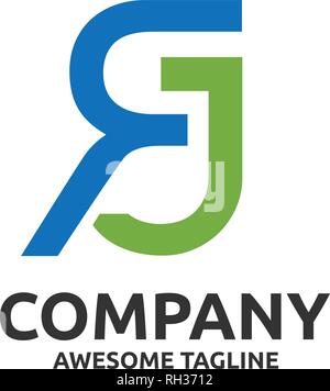 Creative blue letter RJ r J logo with leading lines and road concept ...