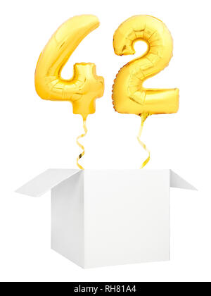 Golden number 42 fourty two made of inflatable balloon on white Stock ...