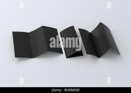 Blank black trifold paper leaflet on black background. Six pages, three ...