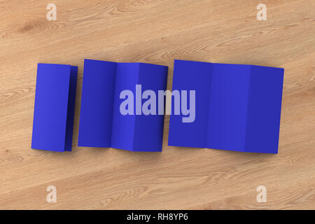 Blank blue trifold paper leaflet on white background. Six pages, three ...