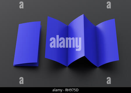 Blank blue folded paper leaflet on black background. Eight pages, four ...