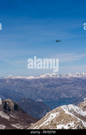Mountain peaks over Bay of Kotor during sunset. Kotor city. Montenegro ...