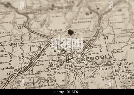 Grenoble map. Close up of Grenoble map with red pin. Map with red pin ...